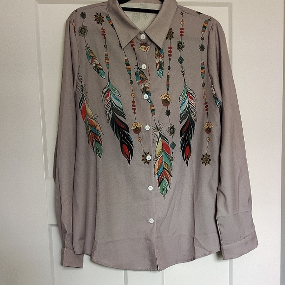 Tops | Southwestern Feather Print Buttonup Shirt | Poshmark